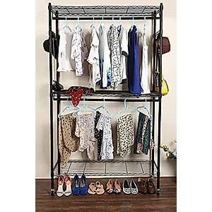 BATHWA Free Standing Closet Wire Shelving Clothing Rolling Rack Heavy Duty Garment Rack with Wheels and Side Hooks