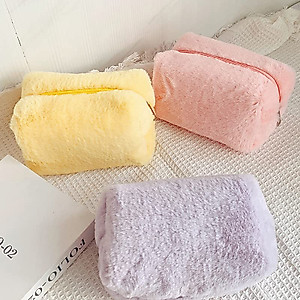 REFRASE LIFE Cute Pencil Case, Furry Pencil Pouch, Small Plush Makeup Bag in Macaron Colors, Cosmetic Travel Zipper Bag, Multi-function Purse, Aesthetic School Stationary, Study Supplies (White)