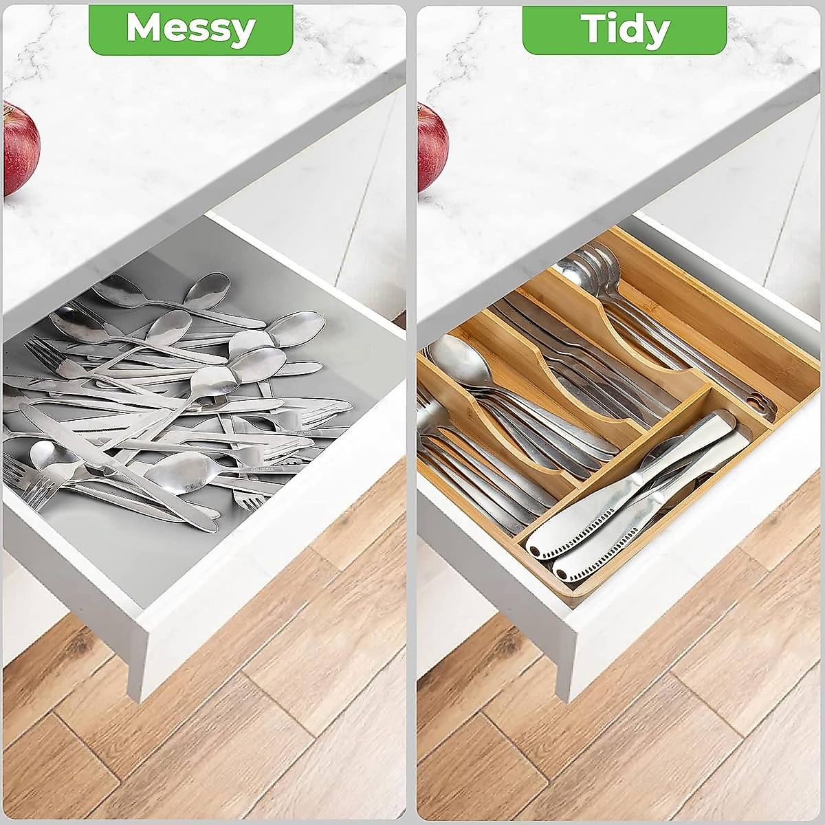 QINOL Silverware Tray with Lid, Utensil Drawer Organizer for Kitchen Countertop, Wooden Flatware Organizers and Storage Holder, Bamboo