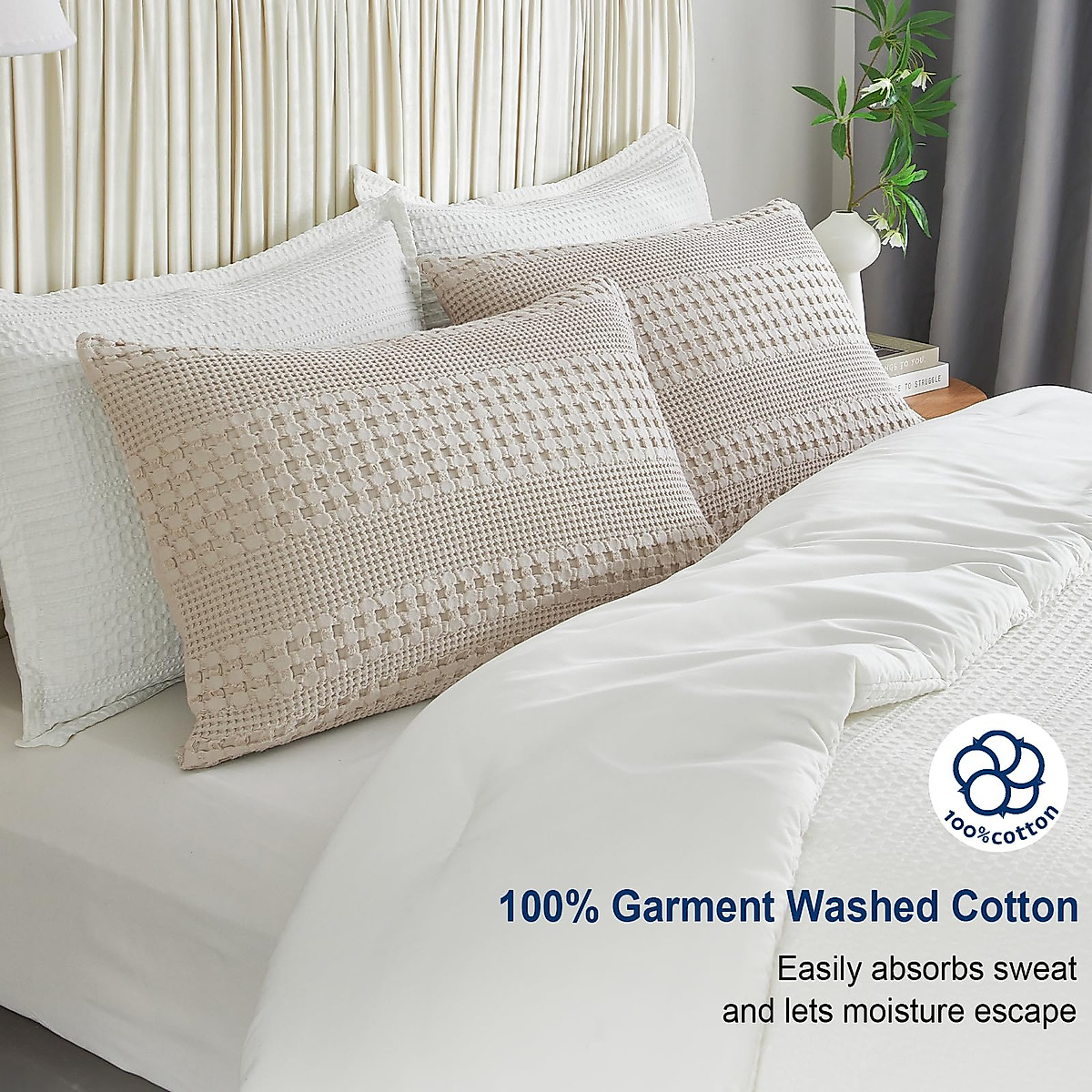 PHF 100% Cotton Waffle Pillow Shams Standard Size, 2 Pack 20" x 26" Soft Skin-Friendly Pillowcases, No Filling, Aesthetic Woven and Breathable Waffle Weave Pillow Case Covers for Bed, Oatmeal