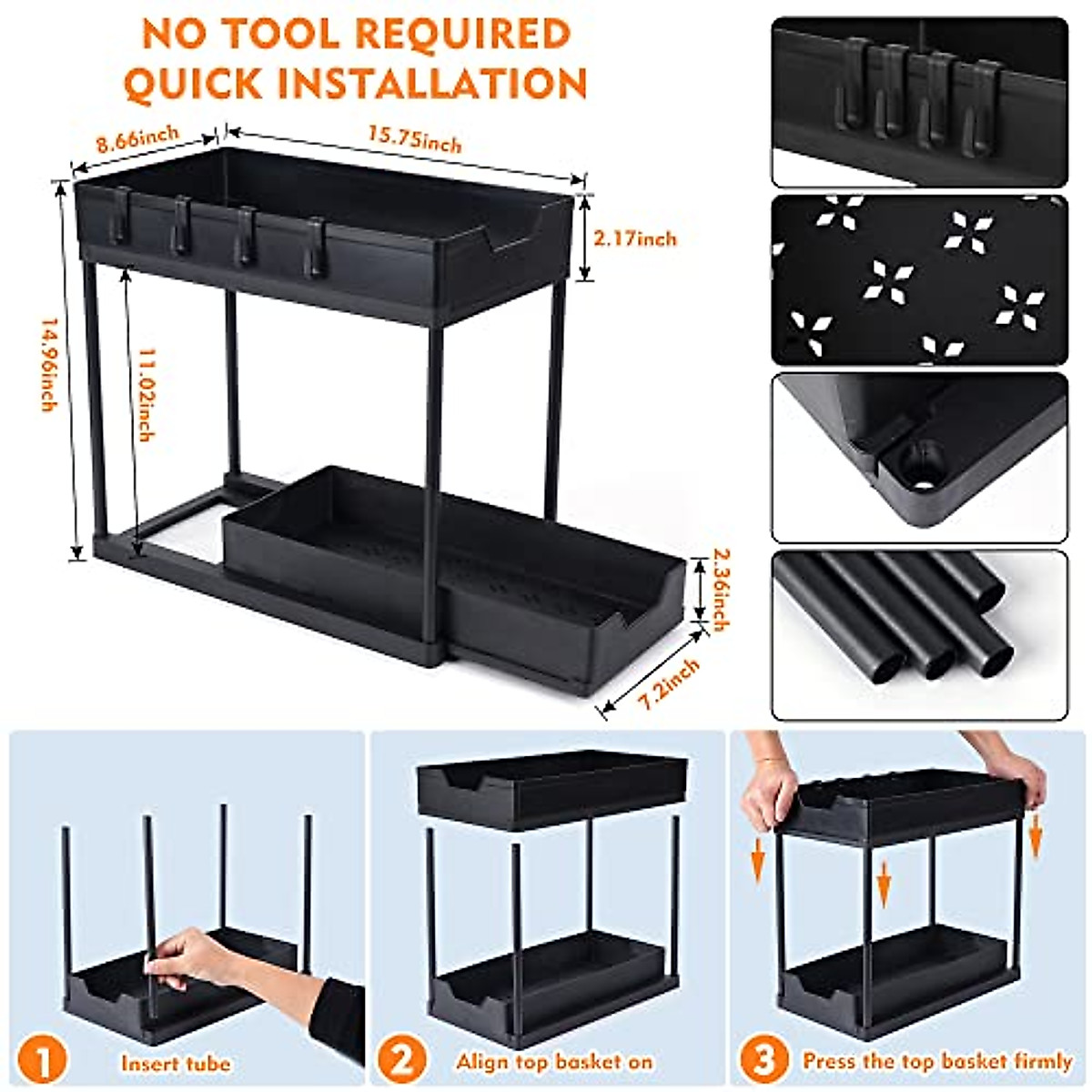 Under Sink Bathroom Cabinet Organizer, Double Sliding out Drawer Kitchen Organization, Multi-use For Vanity Counter Kitchen Storage with Hook, Black