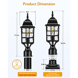 VIANIS Lamp Post Light Fixture with Mount Base, Modern Black Exterior Post Lantern Fixture with Tempered Glass, Anti-Rust Aluminum Light Posts for Outside for Driveway, Backyard Patio Garden, E26