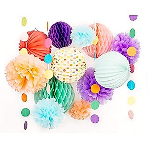 PapaKit Premium Paper Decoration Set - Pom Pom, Honeycomb and Accordion Lantern (Festive Colors) Birthday Party Baby Shower Bride to Be Engagement Wedding Events