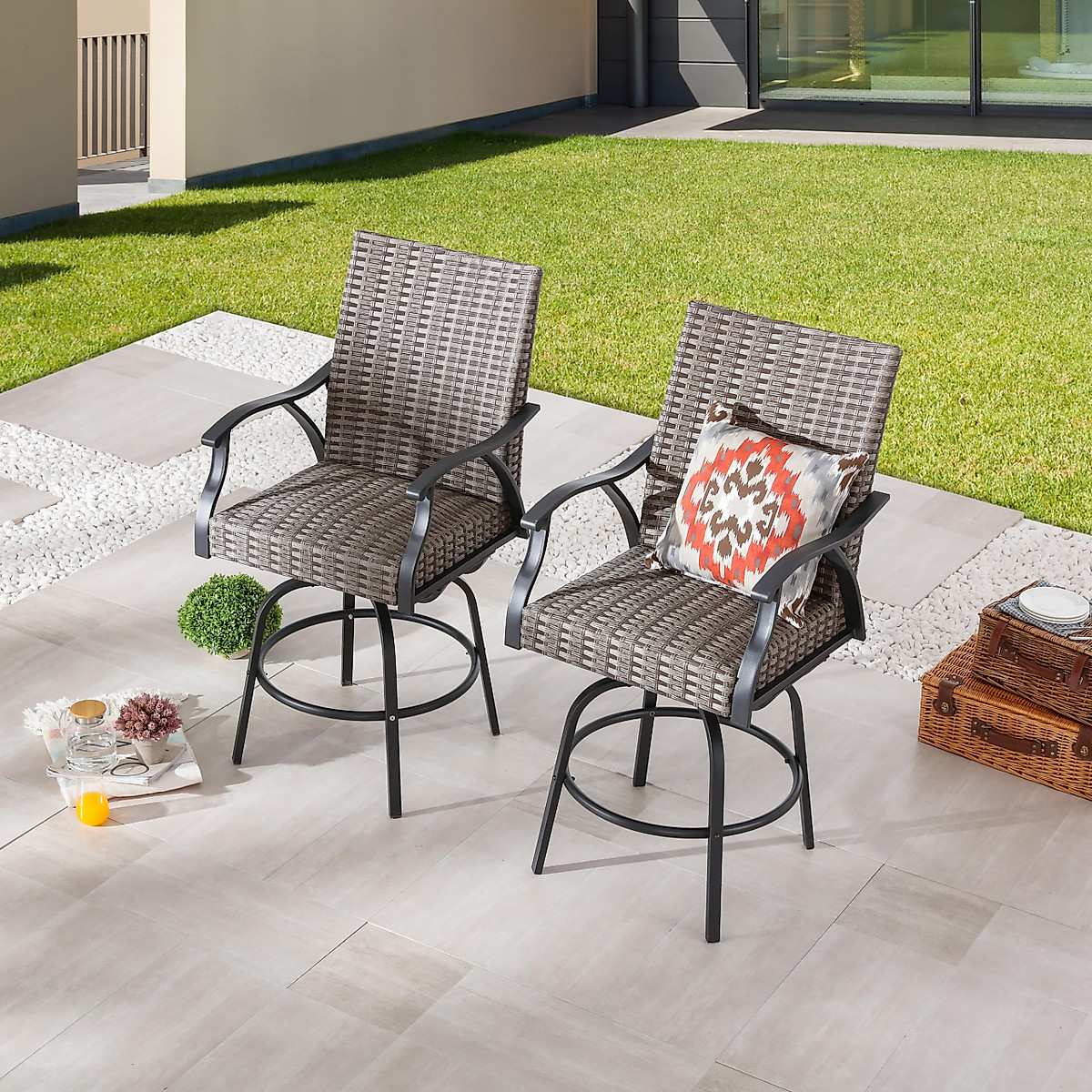LOKATSE HOME Outdoor Swivel Wicker Chair Set Metal Frame Bar Stool for Backyard, Pool, Garden, Black