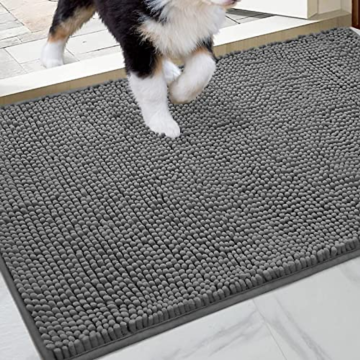 HOMEIDEAS Durable Chenille Water Absorbent Door Mat Indoor, 24x36, Machine Washable Drying Entryway Rug, Soft Dog Mat Rug, for Shoes and Pet Paws, Non-Slip Inside Doormat for Entrance, Mud Room, Grey