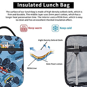Gbuzozie Monster Truck Cars Pattern Lunch Bag Insulated Portable Reusable Lunch Box With Zipper For Women Men Picnic Beach