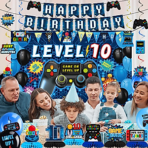 Vlipoeasn Video Game 10th Birthday Decorations for Boys, Blue Level 10 Banner Backdrop Honeycomb Centerpieces Hanging Swirls for 10th Birthday Party, Gamer 10 Years Old Party Supplies