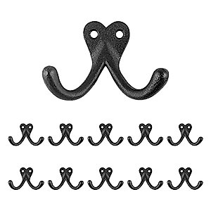 Renovators Supply Black Cast Iron Coat Double Hook Decorative Robe Wall Mount Hanger Hooks for Hat or Jacket Holder Rust Resistant Powder Coated Utility Storage Hooks with Hardware Pack of 10