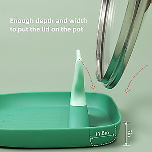 Kitchen Spoon Rest Holder with Drip Pads, Heat-Resistant Utensil Rests for Stove Counter Top,Spoon Rest with Pot Lid Holder，BPA Free Silicon Spatula Rest Organizer for Ladles, Tongs, Forks (Green)