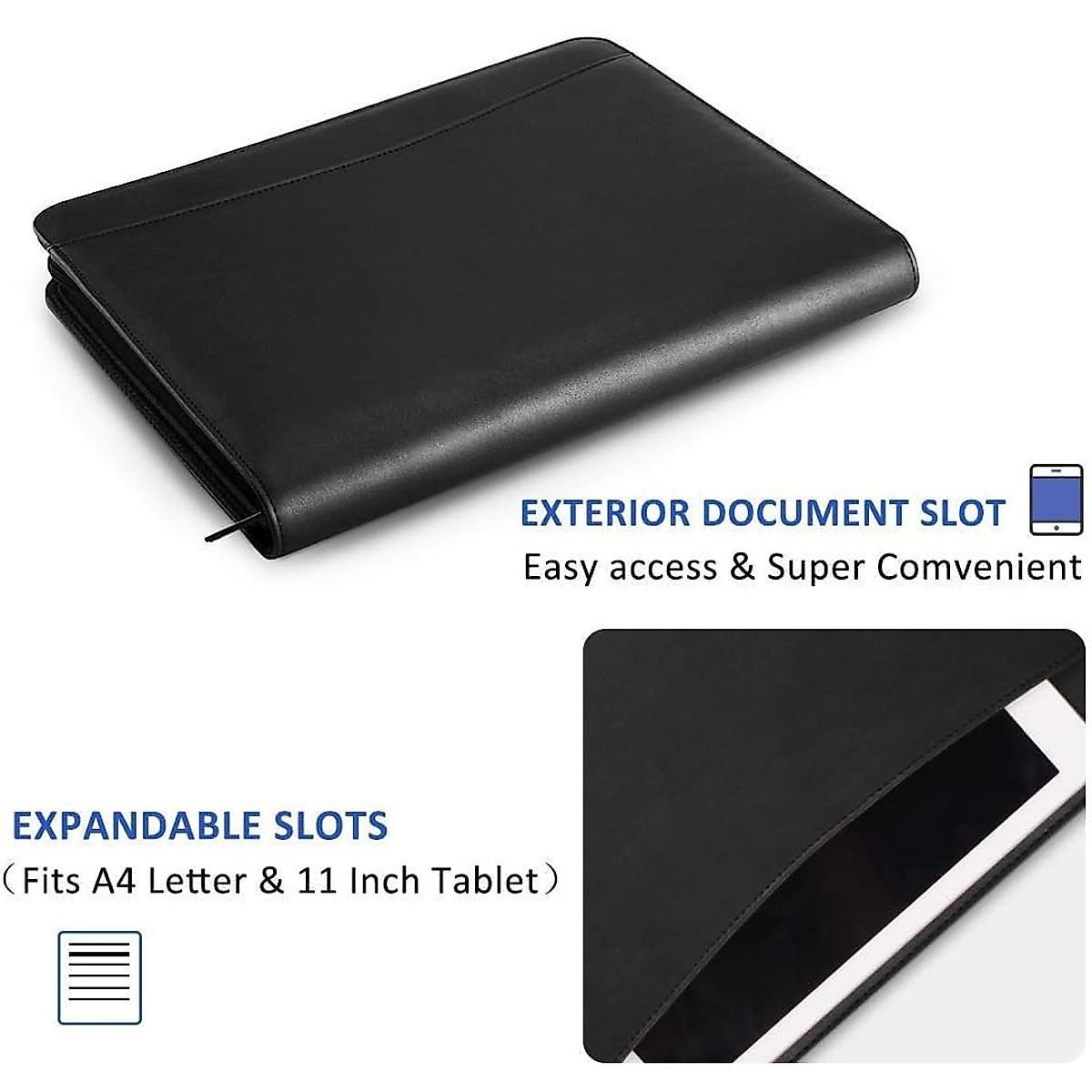 OOWOLF Padfolio Portfolio Folder, PU Leather Professional with Round Ring Binder 8.5 x 11 Inch Writing Pad Tablet Sleeve Interview Resume Document Organizer Business Card Holder Zippered Closure