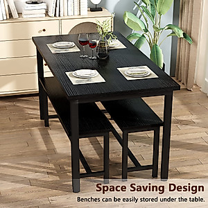 AWQM Dining Table Set with Two Benches, Kitchen Table Set for 4-6 Persons, Kitchen Table of 47.2 x 28.7 x 28.7 Inches, Bench of 41.3 x 11.8 x 17.7 Inches Each, Black
