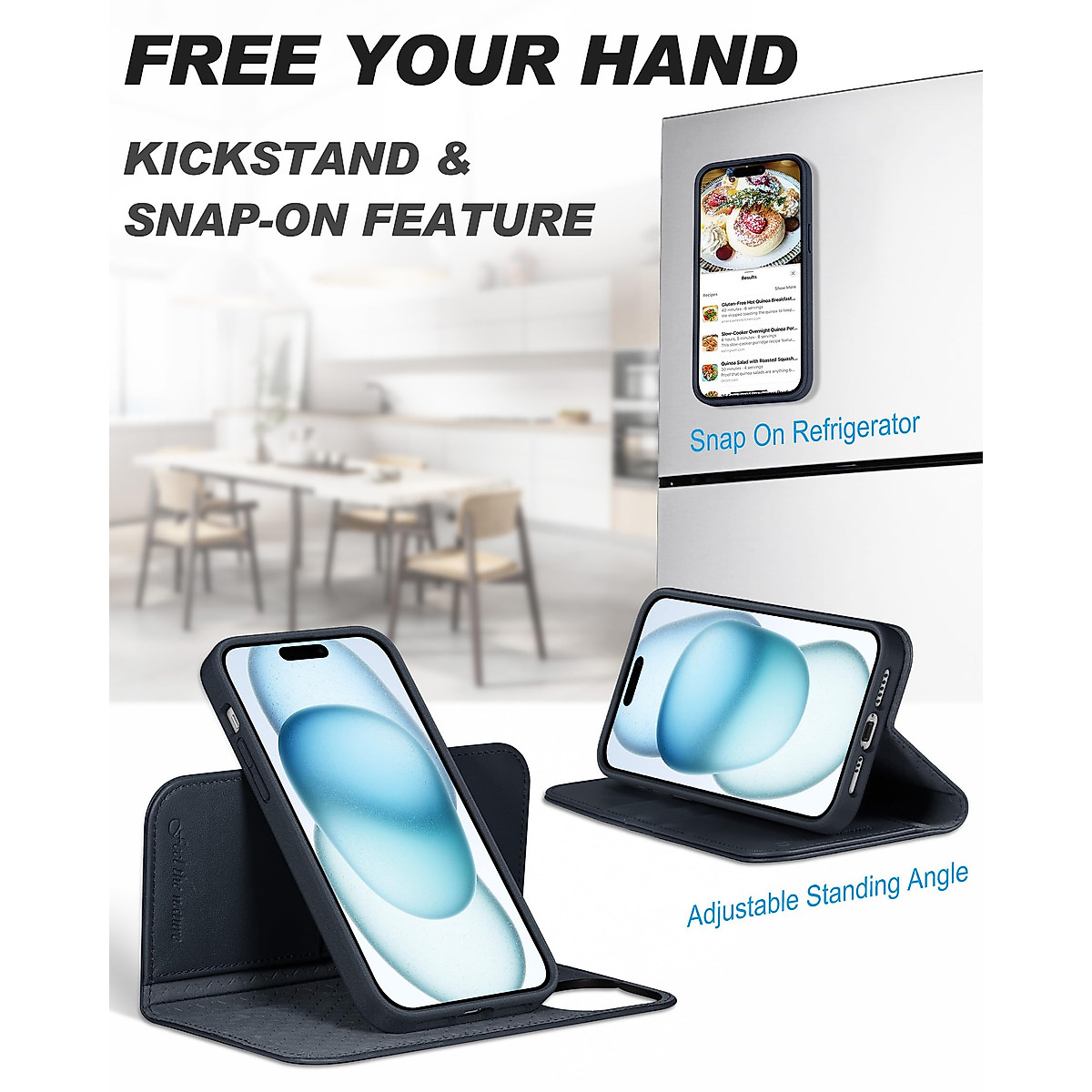 SHIELDON Genuine Leather Wallet 2 in 1 Detachable Wireless Charging Folio Magnetic Case RFID Blocking Card Slot Kickstand Shockproof Case Compatible with iPhone 15 - Navy Blue