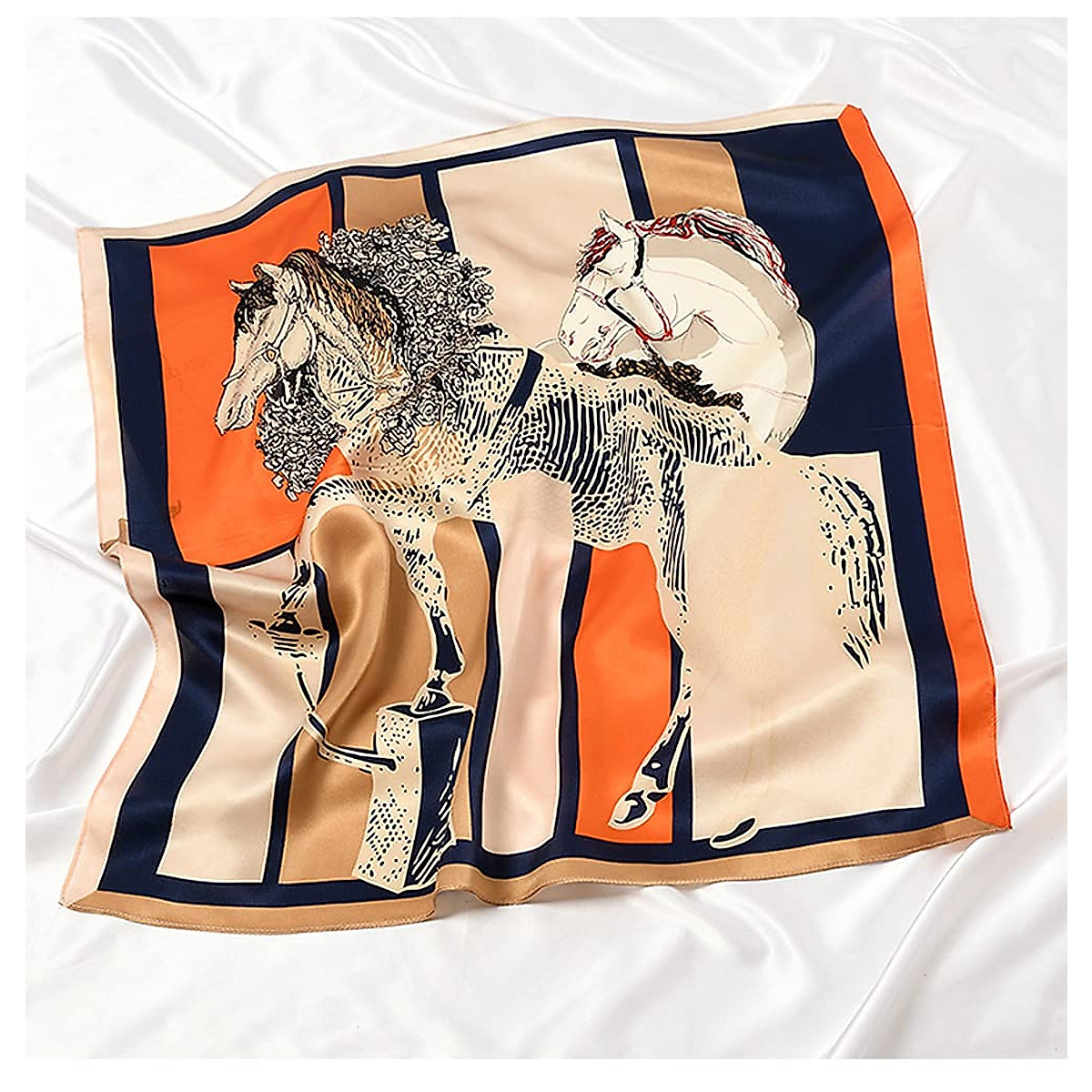 MEISEE 100% Pure Mulberry Silk Square Scarf 27"'x27-68CM Head Scarf for Women Natural Silk Neckerchief Printed Headscarf (Coffee color orange horse)