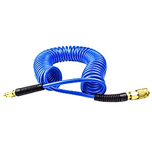 YOTOO Polyurethane Recoil Air Hose 1/4" Inner Diameter by 50' Long with Bend Restrictor, 1/4" Industrial Quick Coupler and Plug, Blue