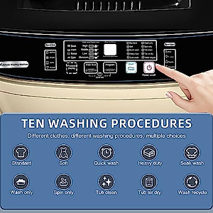 EUASOO 15.6lbs Full-Automatic Washing Machine, Portable Compact Laundry Washer with Drain Pump, 10 Programs 8 Water Levels with LED Display for RV, Camping, Apartment, Dorm, Dark-Gold