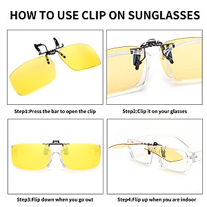Junsika Polarized Clip On Night Driving Sunlasses for Prescription Glasses Men Women Flip Up Rimless Yellow Sunlasses UV400 Protection