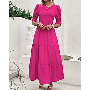 BTFBM Women Casual Summer Dresses 2024 Spring Crew Neck Ruffle Short Sleeve Floral Print Smocked Boho Flowy Maxi Dress(Solid Rose Red, Small)