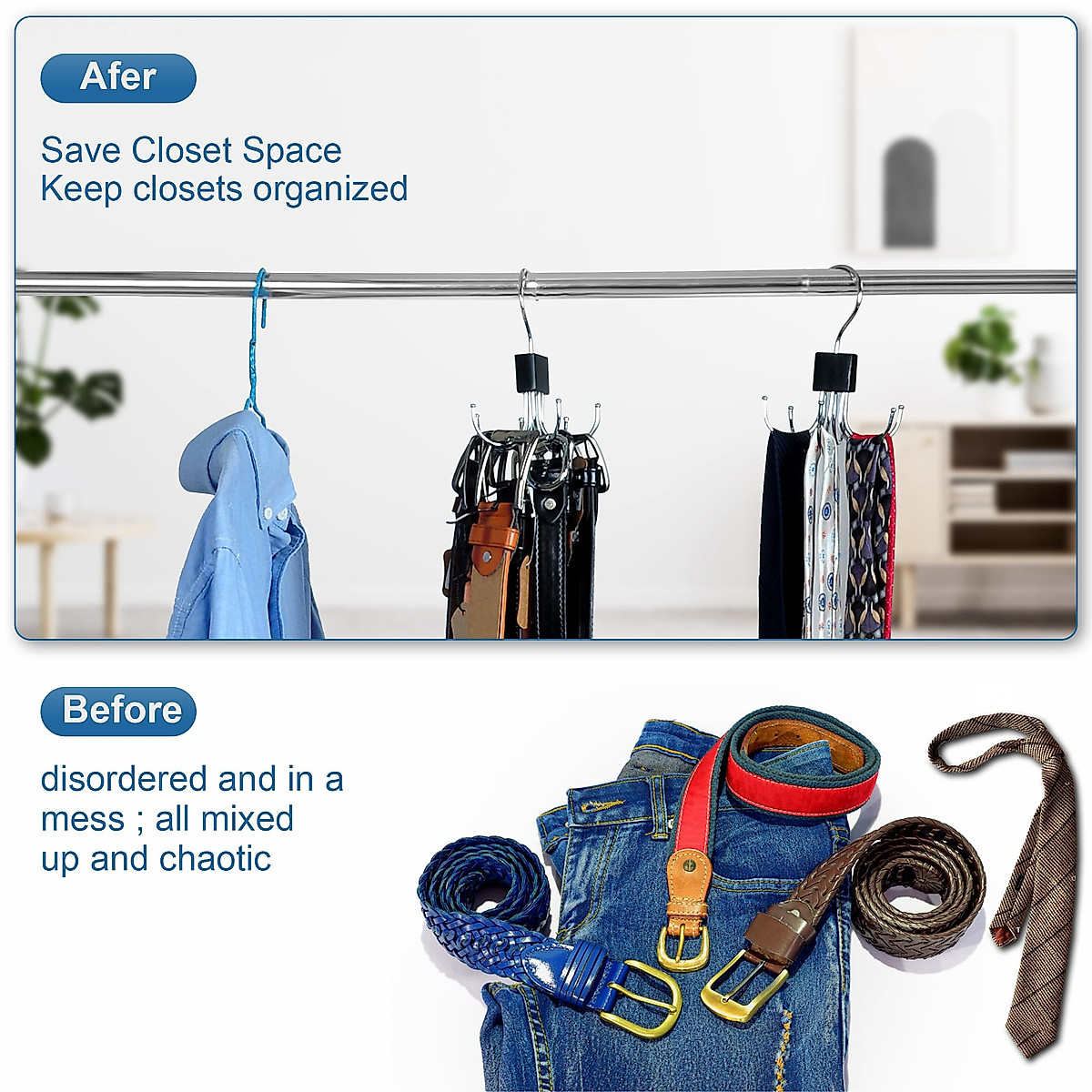 2PCS Selumie Belt Organizer Hanger, Belt Hanger for up to 48 Belts, Sturdy Wooden Belt Hanger, 360° Swivel Closet Belt Organizer, Space Saving Belt, Vest, Scarf Organizer, Closet Accessory