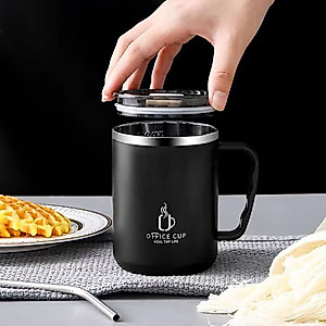 Lcxecnw Coffee Cup Mug with Handle,16 oz Stainless Steel Mugs,Double Wall Vacuum Travel Mug,Tumbler Mugs with Straw and Sliding Lid,Hot & Cold Drinks for Home Office (Black)