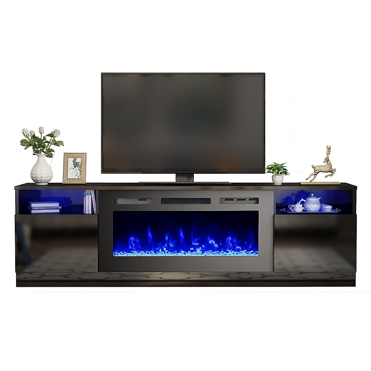 EROMMY 70'' Fireplace TV Stand with 36'' Electric Fireplace, Entertainment Center with 16 Color Led Lights and 12 Flame Fireplace Insert Heater, TV Console for TVs up to 80'' for Living Room, Black