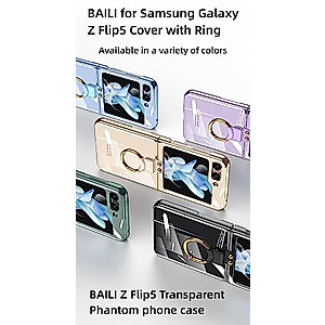 BAILI for Samsung Galaxy Z Flip5 Cover with Ring,Crystal Hard PC Galaxy Z Flip 5 Case with Small Screen HD Explosion-Proof Glass Film Transparent Cover for Samsung Galaxy Z Flip5-Purple
