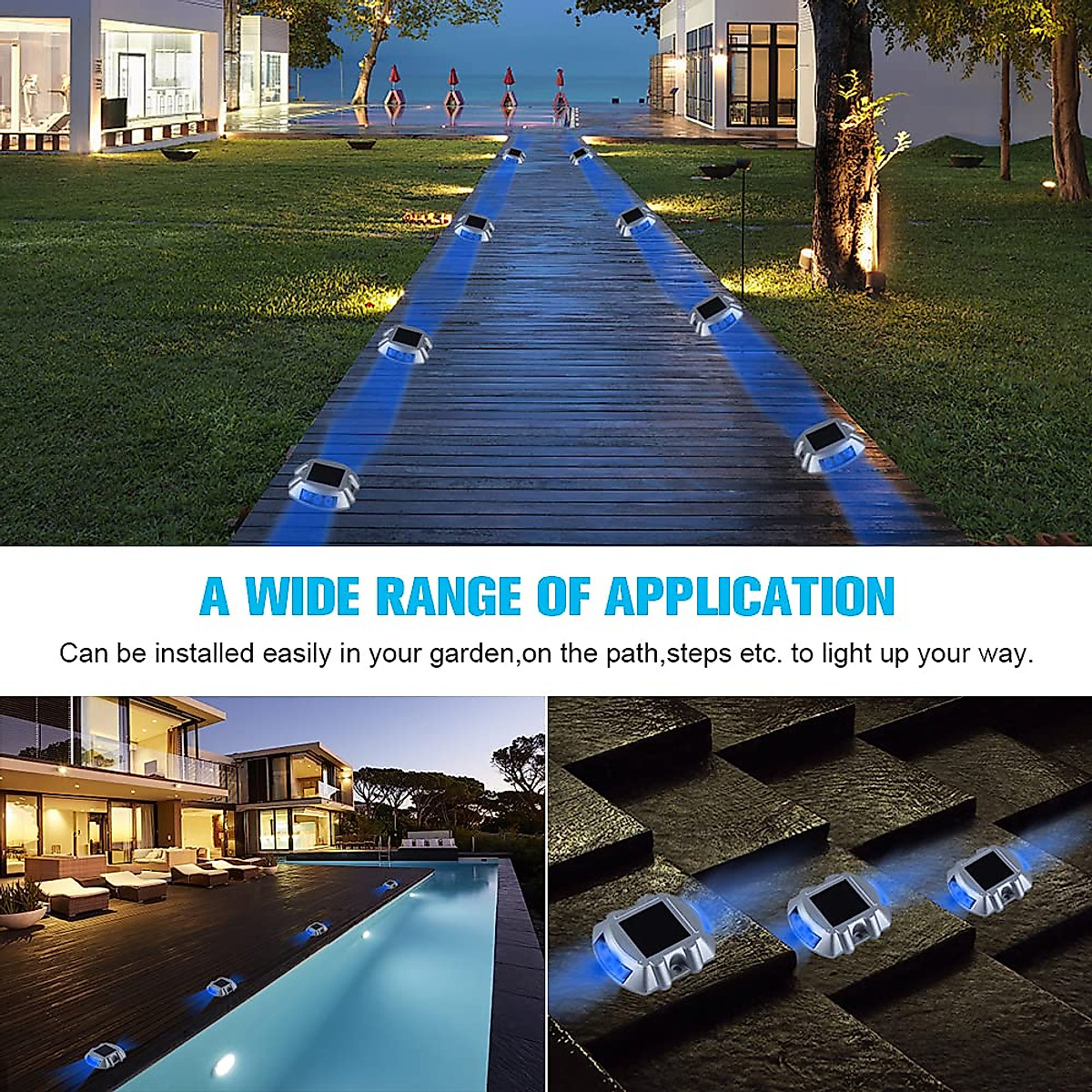 VOLISUN Solar Deck Lights Driveway Dock Lights, 12-Pack Led IP67 Waterproof Outdoor Warning Step Lights for Driveway Sidewalk Garden Pathway Yard (Blue)