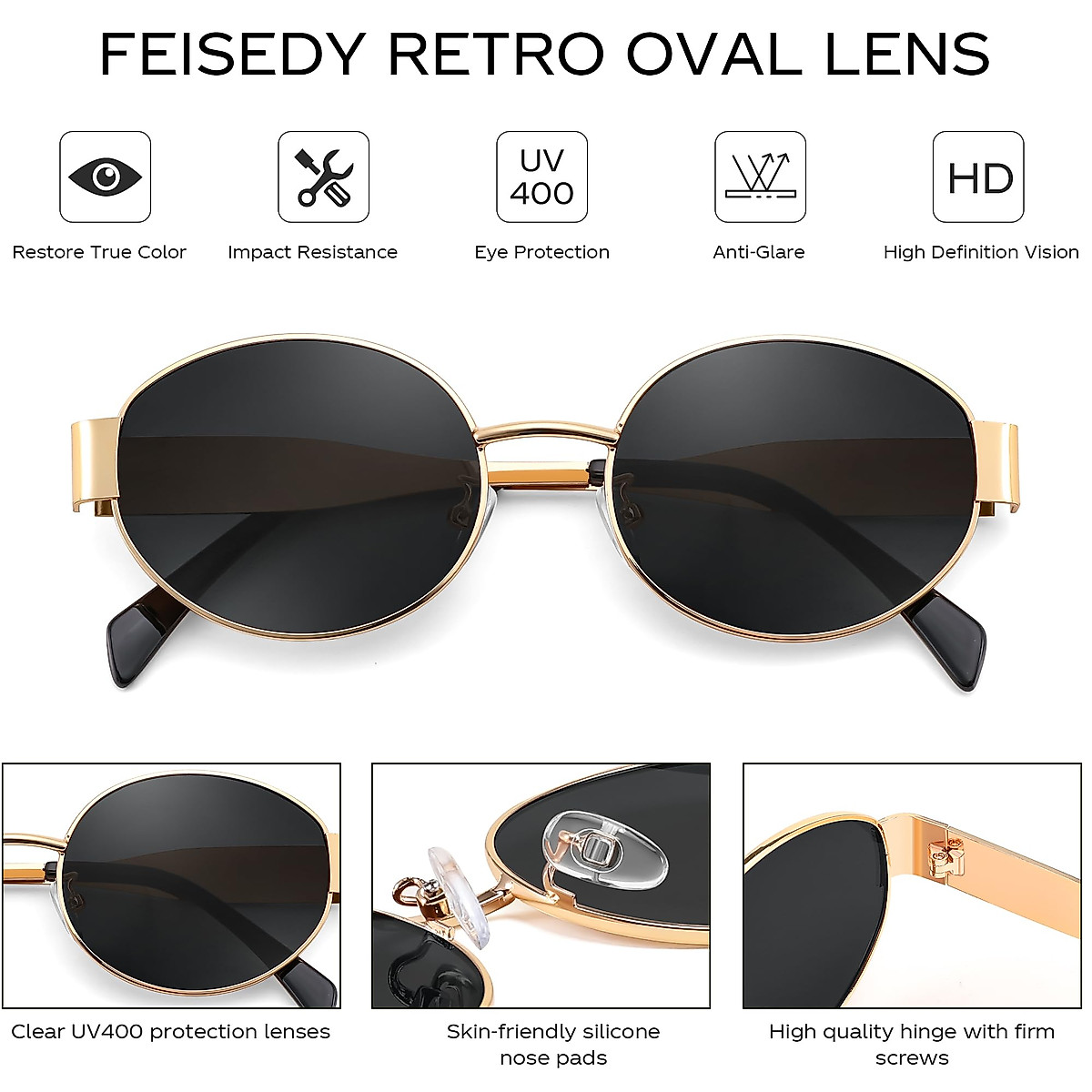 FEISEDY Trendy Retro Oval Sunglasses for Women Men Small Metal Frame Sun Glasses UV400 Shades B0124