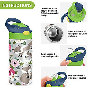 Cute Hand Drawn Fox Family Kids Water Bottle, BPA-Free Vacuum Insulated Stainless Steel Water Bottle with Straw Lid Double Walled Leakproof Flask for Girls Boys Toddlers, 12Oz