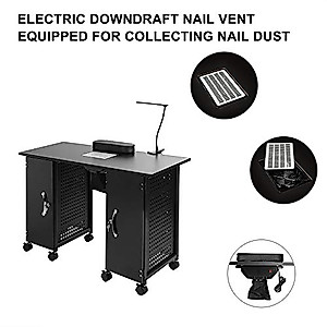 mefeir Manicure Table Nail Desk w/Electric Downdraft Vent,Iron Frame Beauty Spa Salon Workstation w/Wrist Rest,Lockable Cabinets,Casters & Clip-On LED Lamp,Black(43.3''L x 16.9''W x 29.5''H)