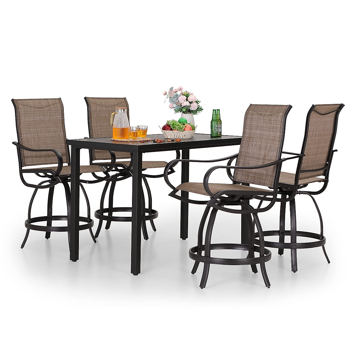 PHI VILLA 5 PCS Outdoor Bar Set, Counter Height Swivel Chair with Rectangle Metal Table, Textilene Fabric and Quick-Drying Waterproof,High Patio Set for Garden, Yard, Poolside