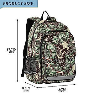 senya Backpack for Boys Girls, Vintage Money Skull Skeleton Backpack Students Bookbag Daypack for School Primary Teens