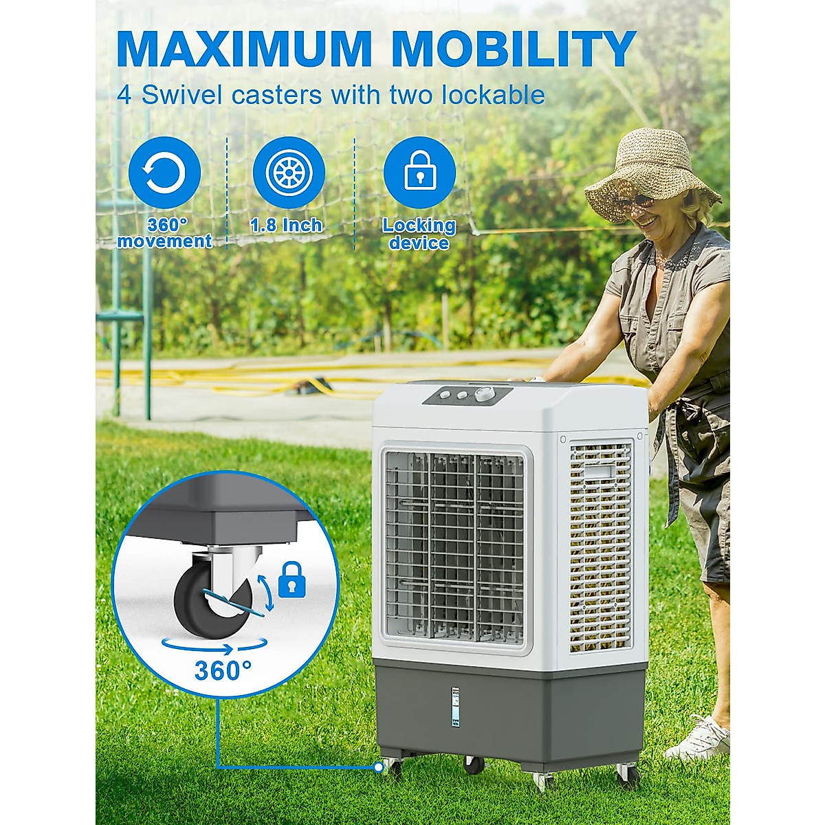 Evaporative Cooler - AOLOS Windowless Air Conditioner w/ 3 Speeds, Swamp Cooler for Cooling Up to 700 Sq.ft, 5 Gallon Tank & 4 Ice Packs, 60° Swing, Evaporative Air Cooler for Backyard Garage Outdoor