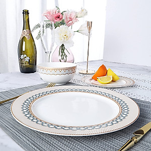 fanquare 18-Piece Porcelain Dinnerware Service for 6, Grey Fish Scale Pattern Dishes, Bowls, Light Brown Dinner Set