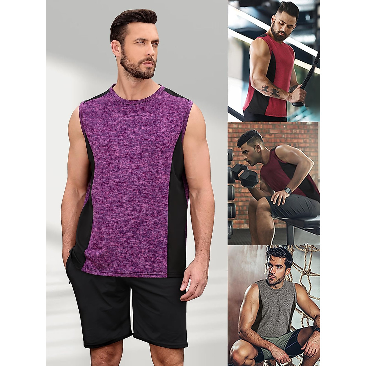 AMVELOP 4 Pack Men's Workout Tank Tops Sleeveless Quick Dry Gym Muscle Shirts Darkgray Navy Red Purple M