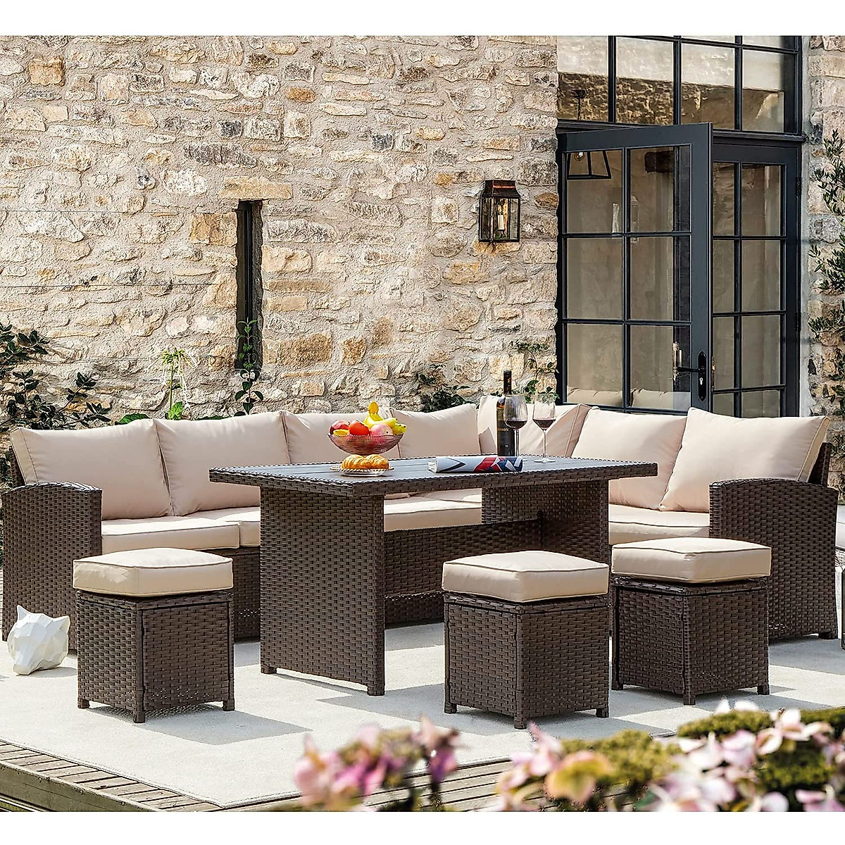 U-MAX 7 Pieces Patio Furniture Set Outdoor Sectional Sofa Conversation Set All Weather Wicker Rattan Couch Dining Table & Chair with Ottoman, Khaki Cushion