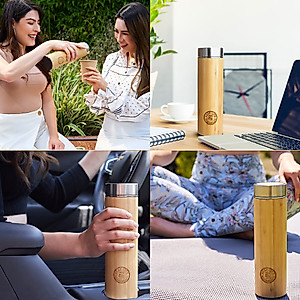 LeafLife Premium Bamboo Thermos with Tea Infusers for Loose Tea 17oz - Hot & Cold for 12 Hrs - Tea Accessories - Long Handled Tea Strainers - Unique Gifts for Women, Tea Gift Set for Women