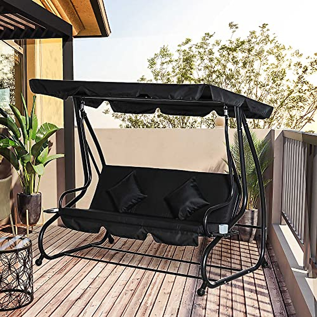 Outsunny 3-Seat Outdoor Patio Swing Chair, Converting Flatbed, Outdoor Swing Glider with Adjustable Canopy, Removable Cushion and Pillows, for Porch, Garden, Poolside, Backyard, Black