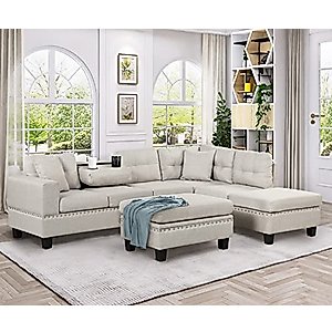 Eafurn L Shaped Sectional Reversible Chaise and Drop Down Table & Cupholders, Upholstery Corner Storage Ottoman, Tufted Convertible Sofa & Couch for Living Room Furniture Set, Gray