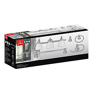 Globe Electric 50700 5-Piece Bathroom Accessory Set, with Vanity, Brushed Steel, 3-Light Vanity Light, Frosted Glass, Towel Bar, Toilet Paper Holder, Towel Ring, Robe Hook, Home Improvement