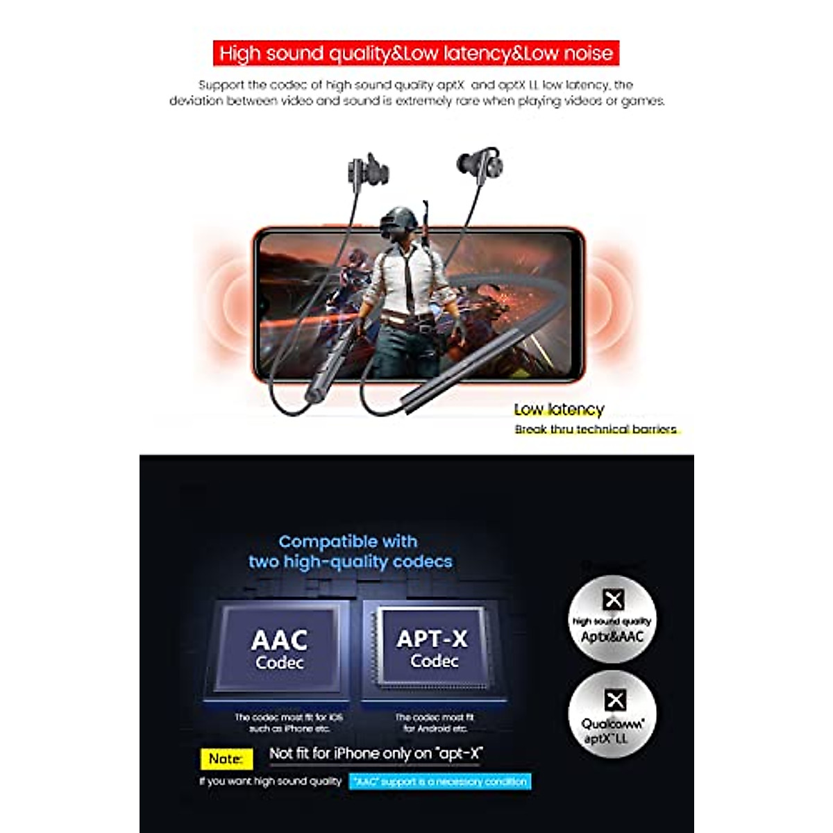 Glazata Wireless Headphones Neckbands with Magnetic Earbuds Sports Earphones aptX & aptX-LL Stereo Wireless Headphones for Workouts 「Grey」