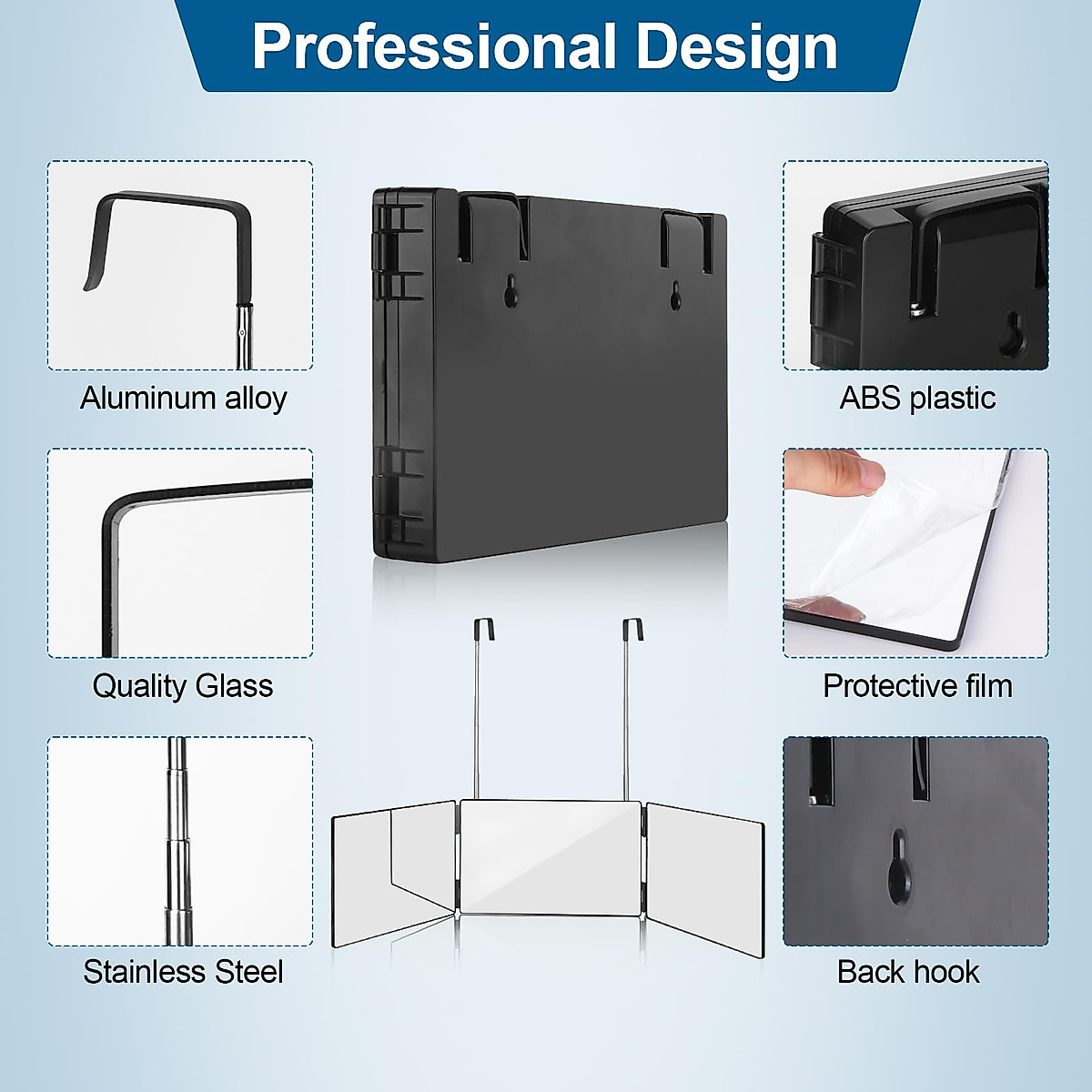 3 Way Trifold Haircut Mirror, 360 Degree Mirror for Hair Cutting, Shaving, Grooming, Hair Styling, Dye Hair and Makeup with Adjustable Height Brackets, Portable for Travel, Bedrooms, Bathroom (Black)