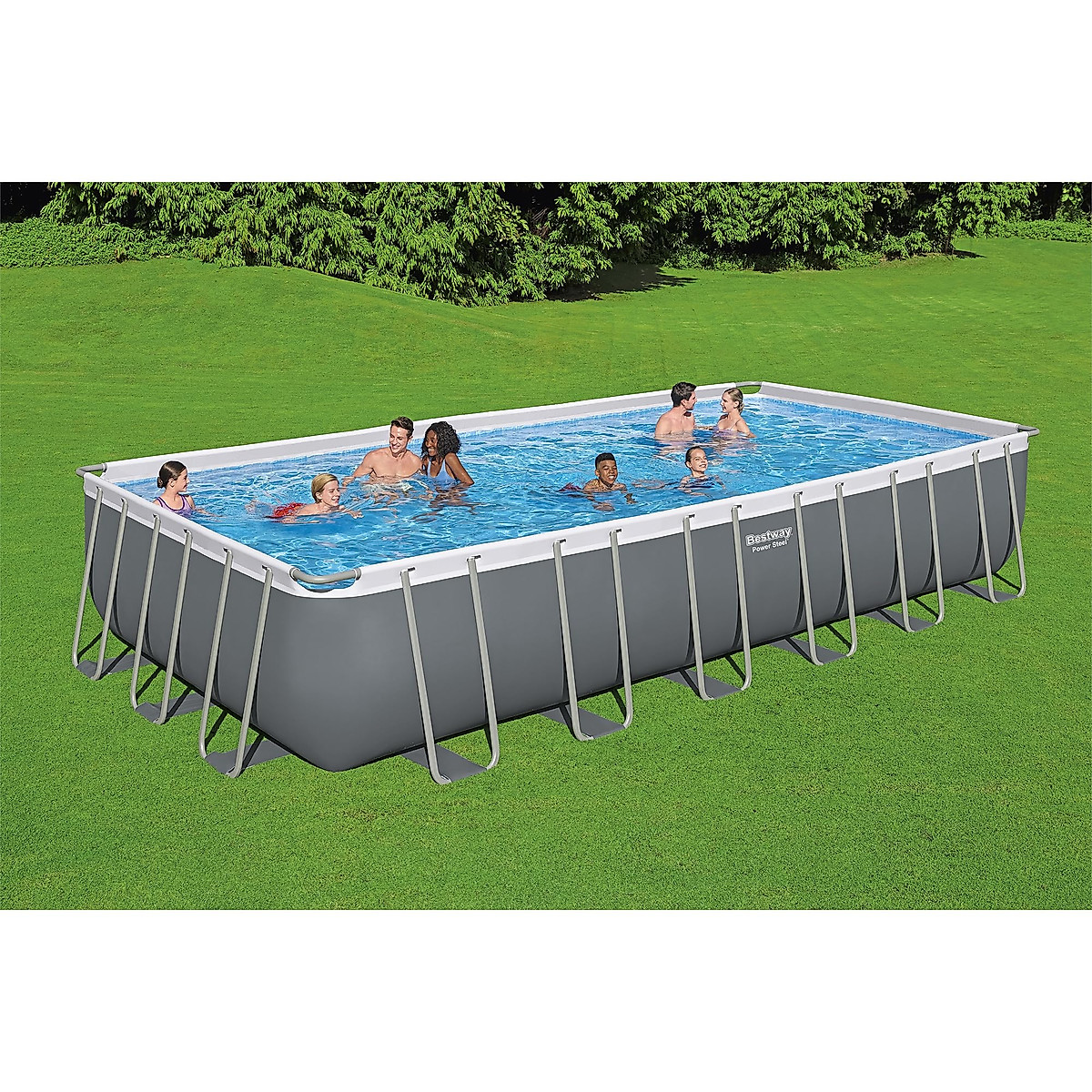 Bestway 24ft x 12ft x 52in Rectangular Frame Family Swimming Pool and Test Kit with Alloy Steel, Heavy Duty PVC, Blue, Gray, and White