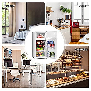 Moccha 3.4cu ft. Compact Refrigerator, Fridge Freezer w/Double Doors, 7 Levels Thermostat, Quiet Mini Fridge for Kitchen, Dorm, Apartment, Bar, Office (White)