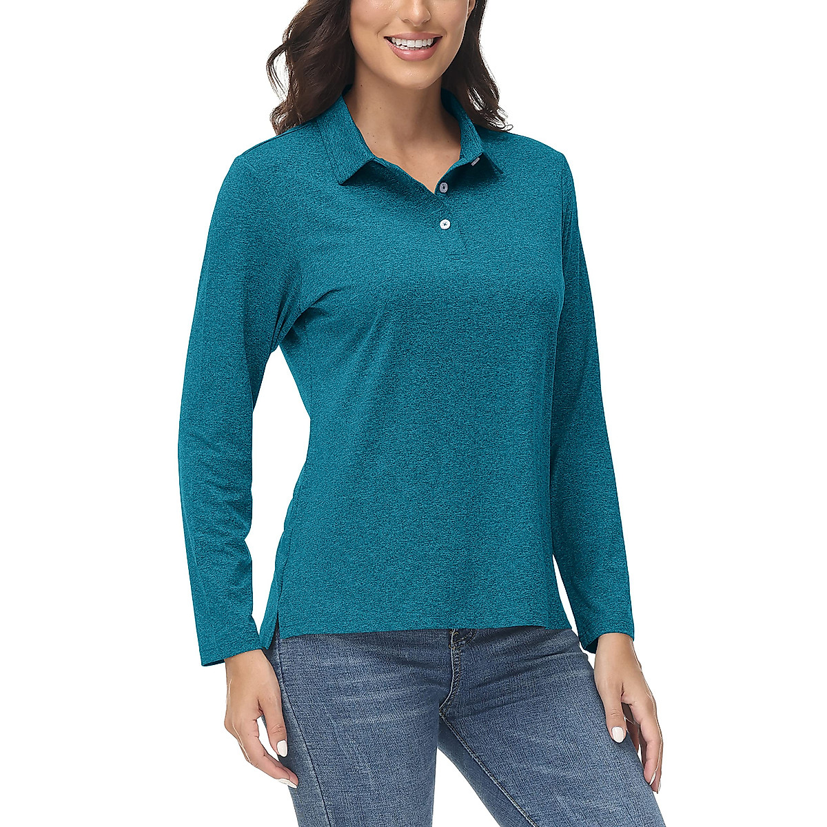 TACVASEN Athletic Shirts Women Long Sleeve Workout Shirts Golf T-Shirts Breathable Shirts Polo Shirts Work Shirts Tennis Shirt Sport Polo Peacock Blue