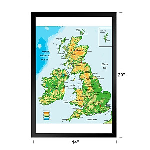 United Kingdom Ireland Scotland Topographical City Atlantic Ocean Map Black Wood Framed Art Poster 14x20
