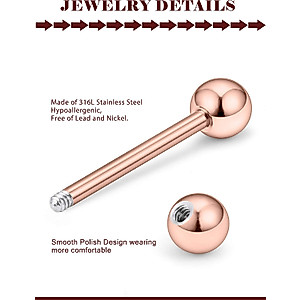 Prjndjw 16PCS 14G Nipple Rings Surgical Steel Tongue Rings Barbell Nipplering Diamond CZ Piercing Jewelry Retainer for Women Men 14mm Length Rose Gold Pink