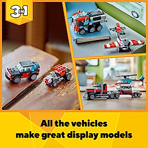 LEGO Creator 3 in 1 Flatbed Truck with Helicopter Toy, Transforms from Flatbed Truck Toy to Propeller Plane to Hot Rod and SUV Car Toys, Gift Idea for Boys and Girls Ages 7 Years Old and Up, 31146