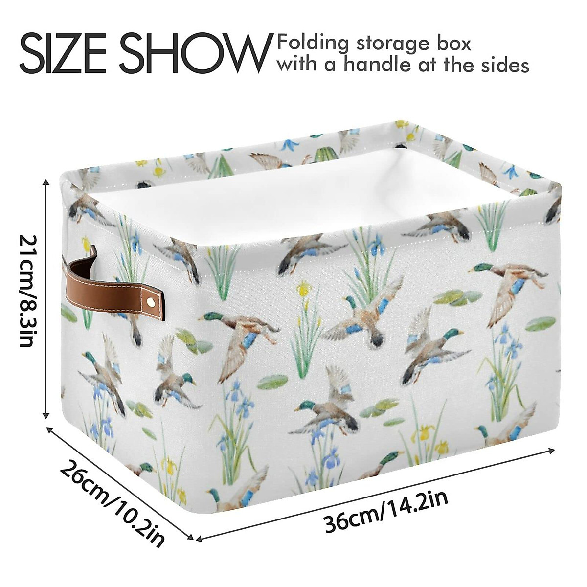 Oyihfvs Flying Mallard Ducks Yellow Blue Iris Lotus with Leaves on White 1 PC Rectangle Storage Basket Collapsible Fabric with Leather Handles Bag Organizer Clothes for Home Bedroom 15 x 11 x 9.5 in