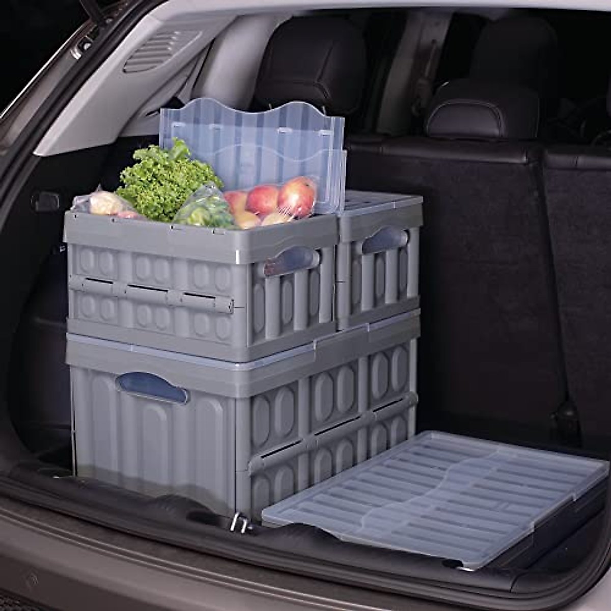 Collapsible and Foldable Plastic Storage Bins Containers. Stackable Organizer Storage Box and Utility Crates for your Home and Vehicle (S, w/ Lid)
