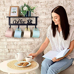 ArtHue Coffee Mug Holder Wall Mounted, Black Metal Coffee Cup Holder with 4 Hooks, Mug Rack Wall Mounted with Storage Shelf for Coffee Bar, Kitchen, Office, Farmhouse, Home Décor